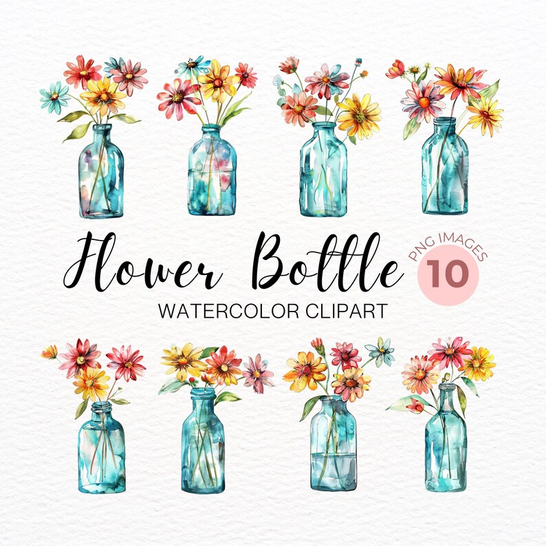 10 Floral Bottle Clipart, Water Bottle, Printable Watercolor Clipart ...