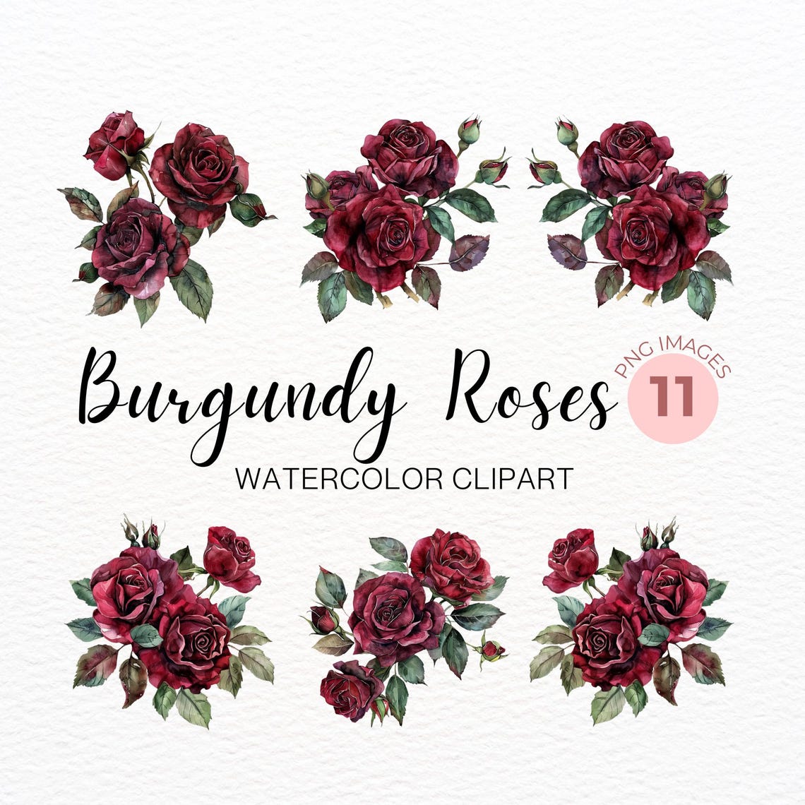 11 Watercolor Burgundy Roses Clipart, Watercolor Rose Floral Clipart ...
