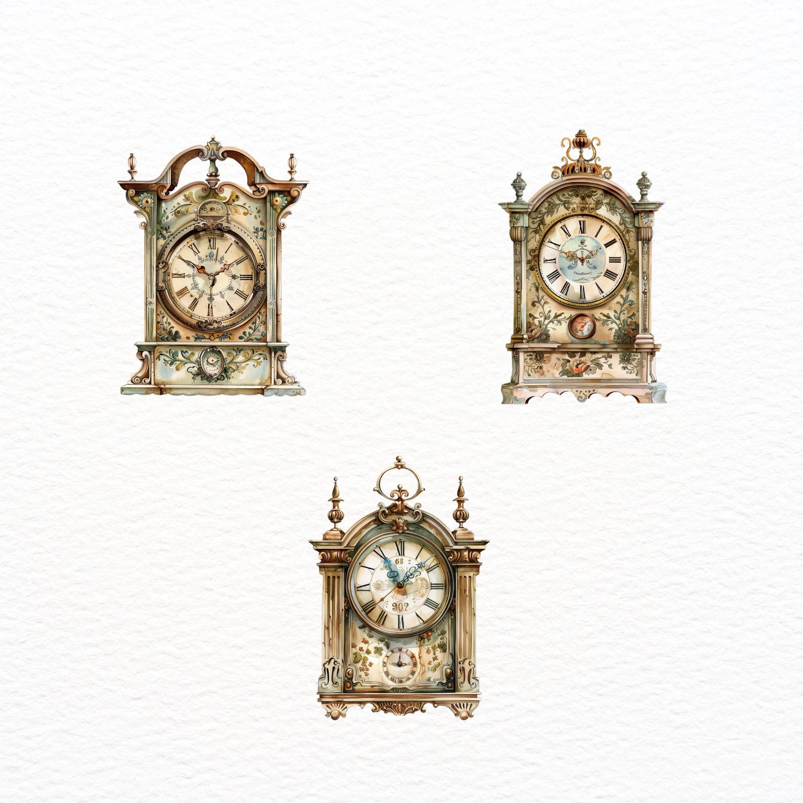 12 Vintage Clock Clipart, Vintage Clock, Printable Watercolor Clipart ...