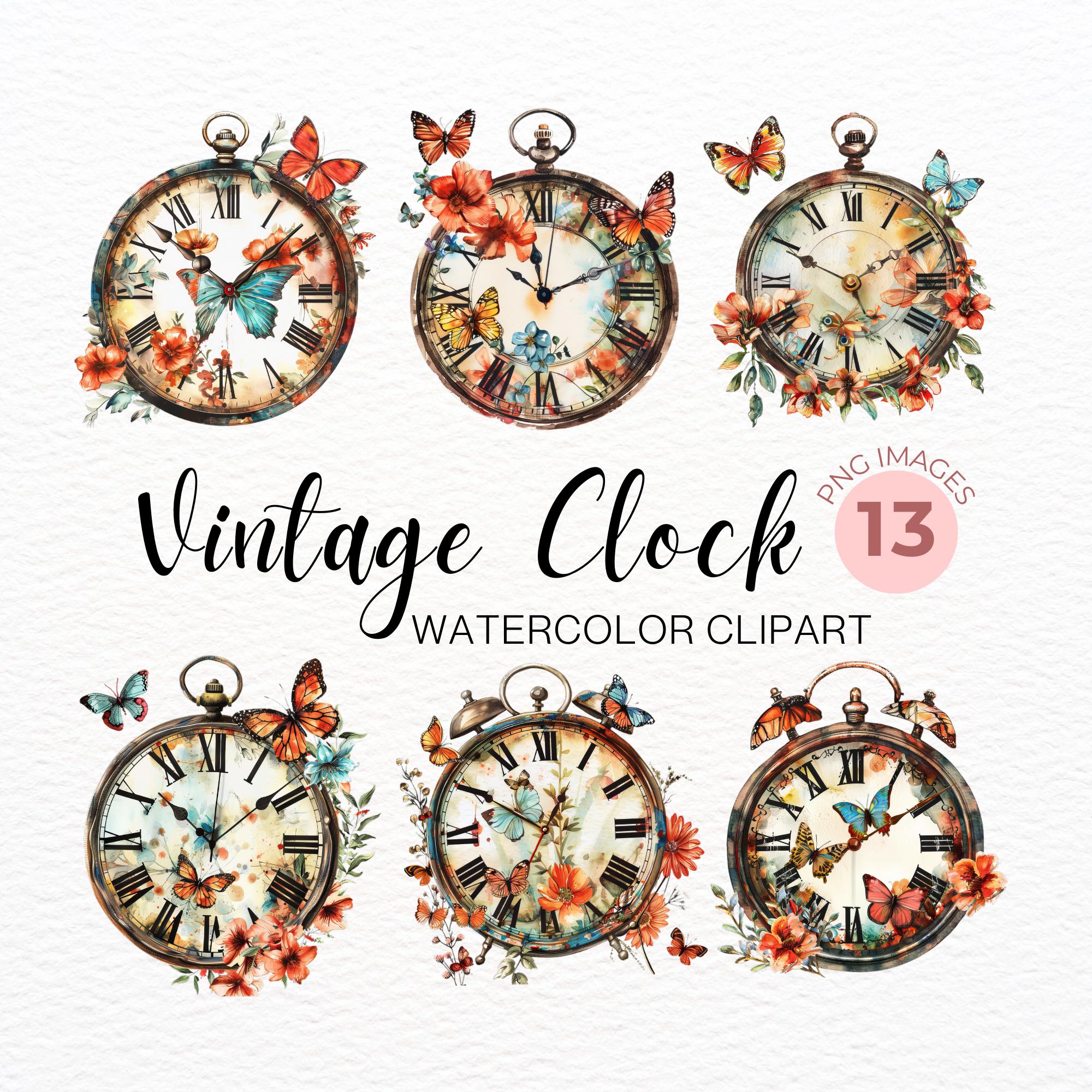 13 Vintage Clock Clipart, Vintage Clock, Printable Watercolor Clipart ...
