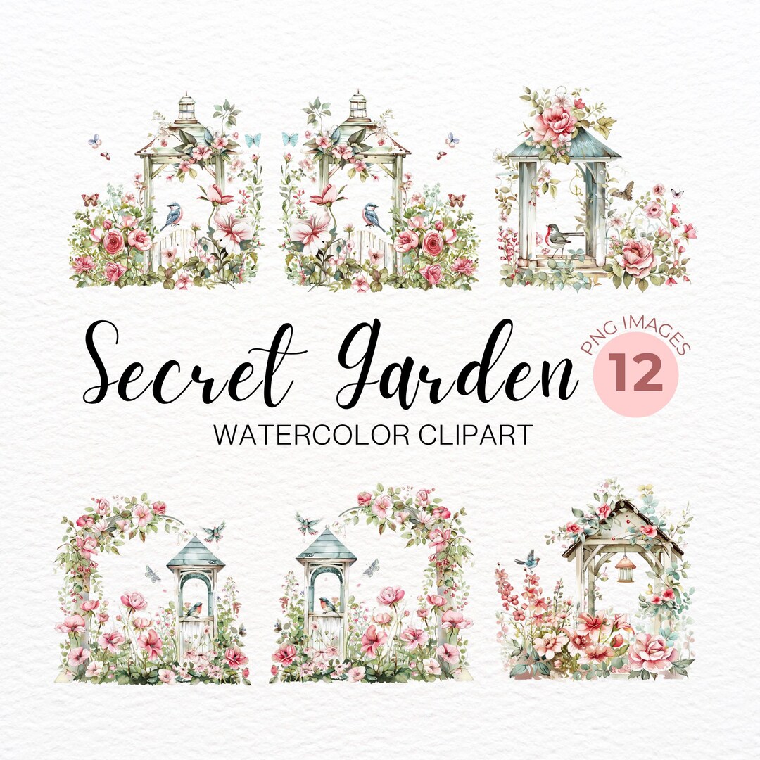 12 Secret Garden Clipart, Vintage Garden, Flowers, Printable Watercolor ...