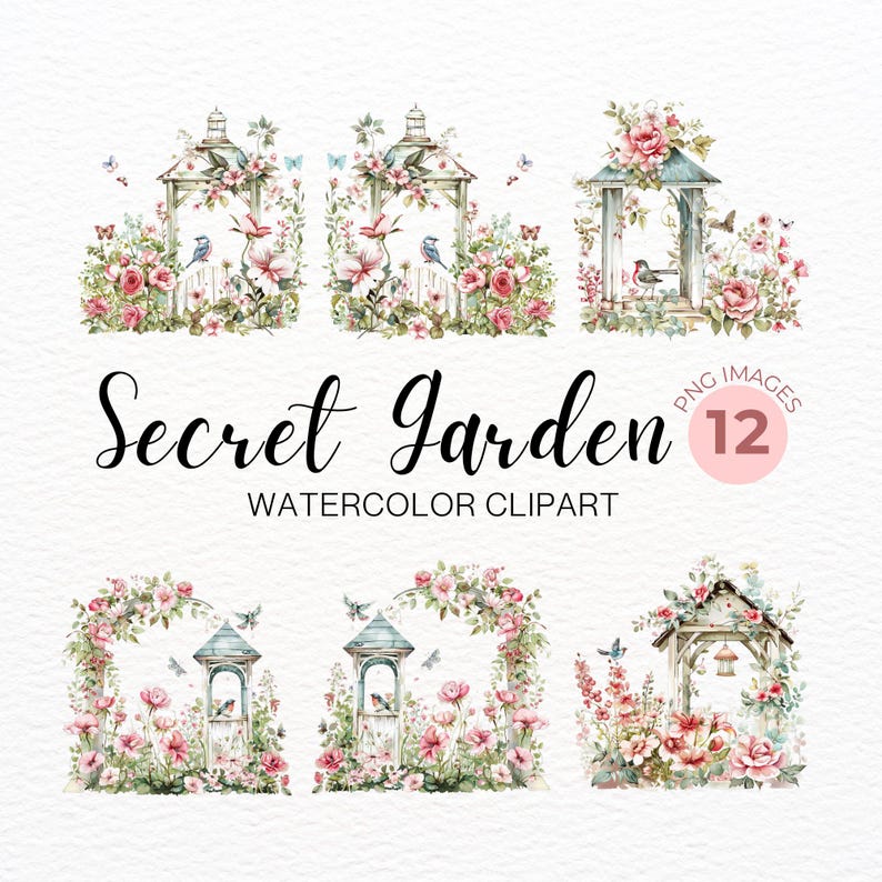 12 Secret Garden Clipart, Vintage Garden, Flowers, Printable Watercolor ...