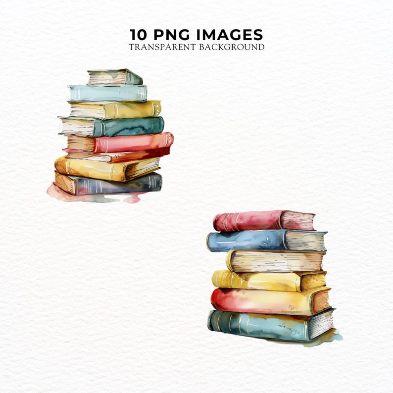 10 PNG, Watercolor Books Clipart, Watercolor Stack of Books Clipart ...
