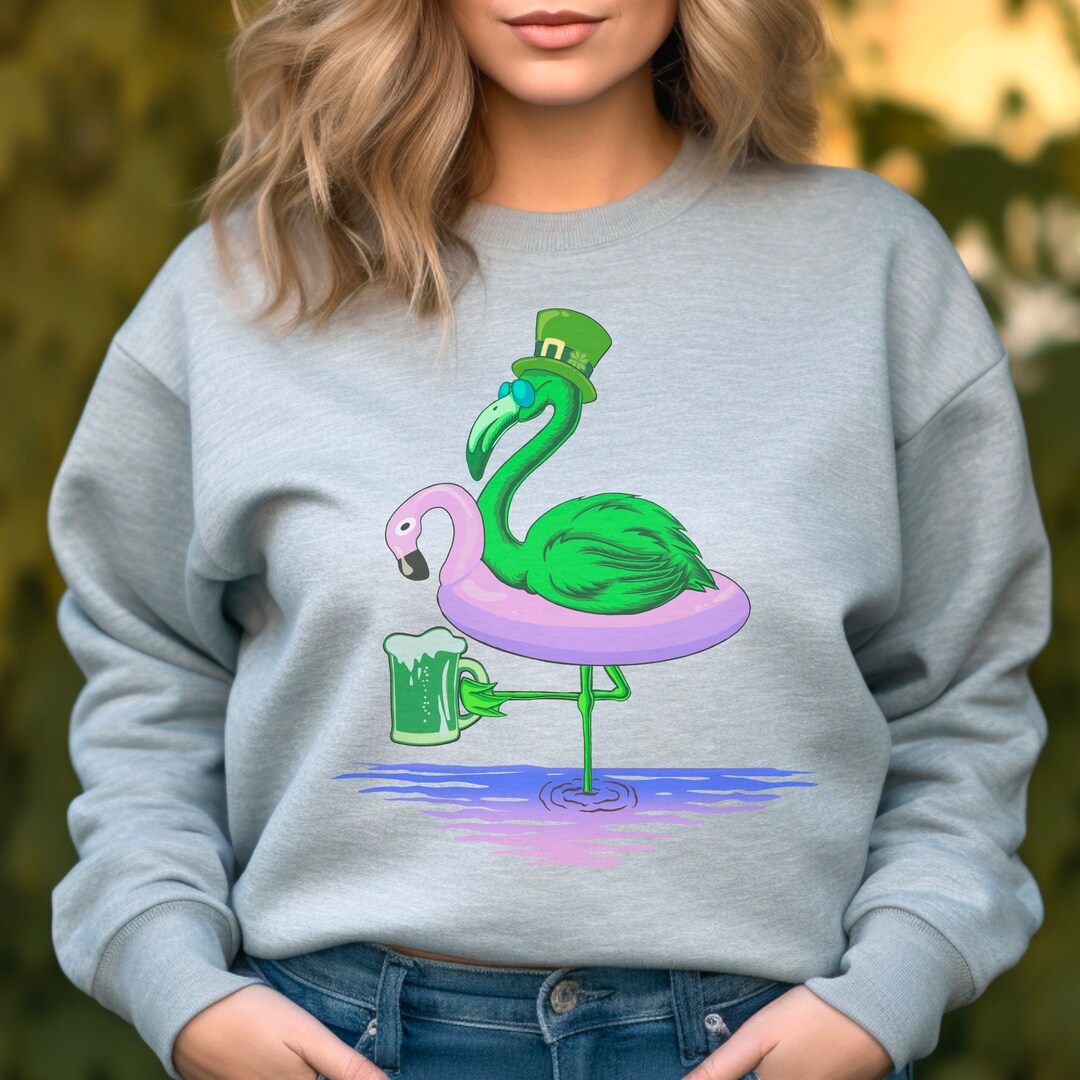 St. Patrick's Day Flamingo Shirt, Green Irish Flamingo Drinking Beer ...
