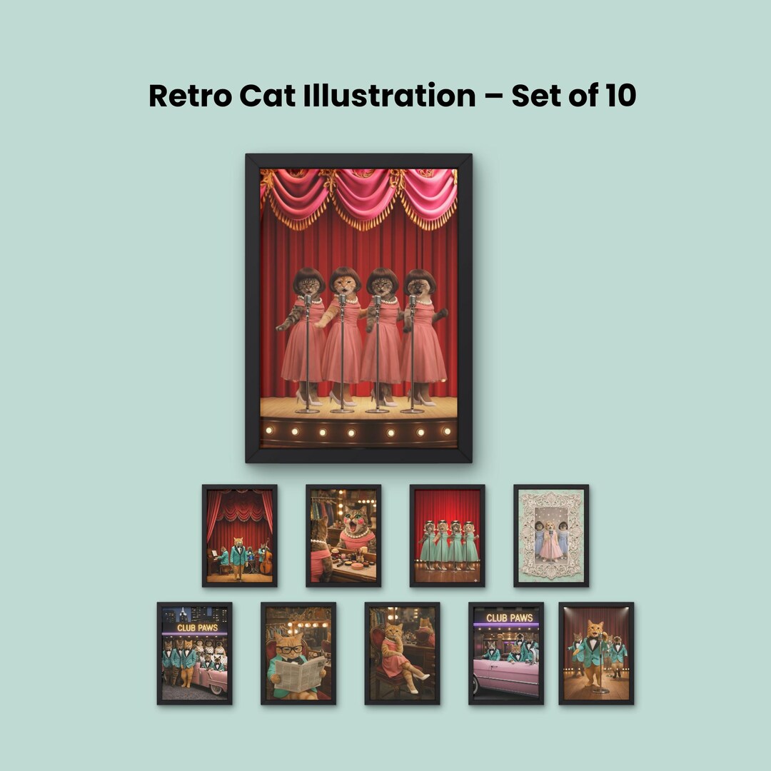 Retro Cat Singers Wall Art Printable Set of 10 - Etsy