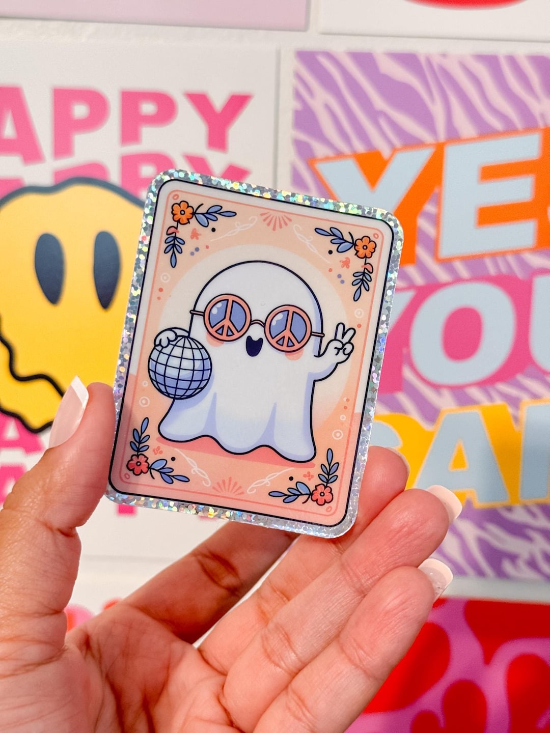 Holographic Groovy Ghost Sticker, Disco Ball Retro Stickers, Tarot Card ...