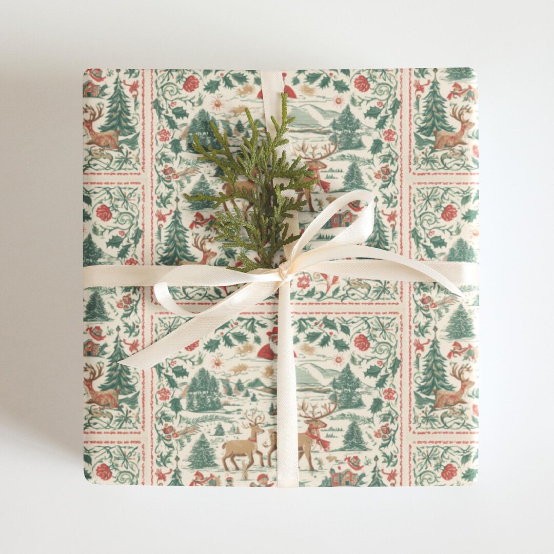 Rustic Country Holiday Scene Wrapping Paper, Traditional Christmas ...