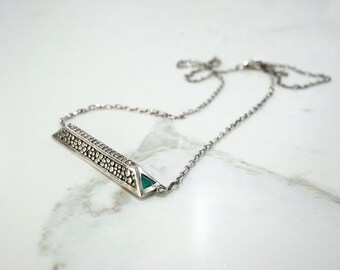 Rectangle Bar Necklace With Green Stones 925 Sterling Silver Minimalist ...