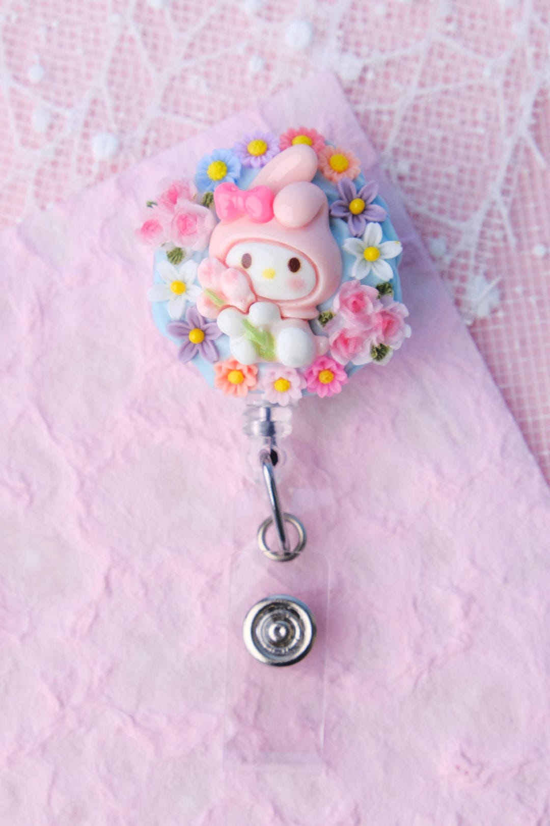 My Melody Flower Decoden Kawaii Cute, Retractable Badge Reel, Belt Clip ...
