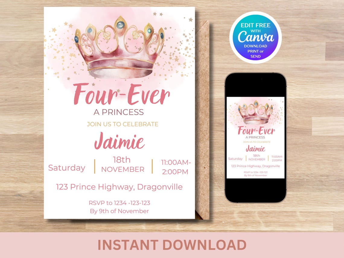 Four Ever a Princess Birthday Invitation, Princess Invite, Canva ...