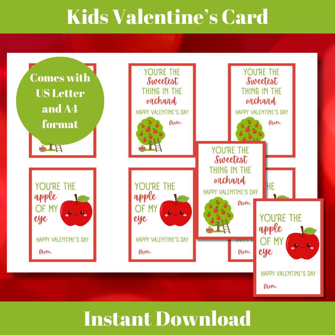 Apple Valentine's Day Printable Kids Valentine Cards Apple of My Eye ...