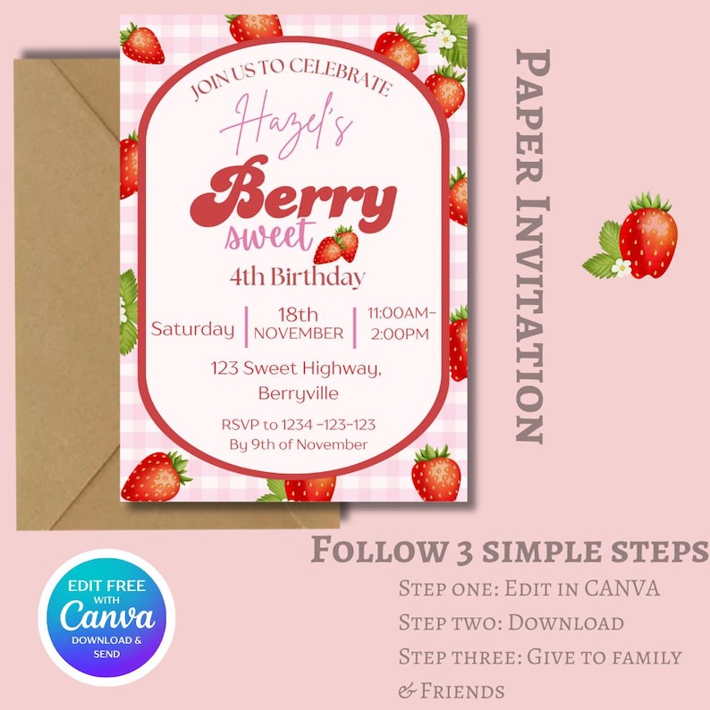 Berry Sweet Birthday Invitation, Strawberry Invitation, Girls Birthday ...
