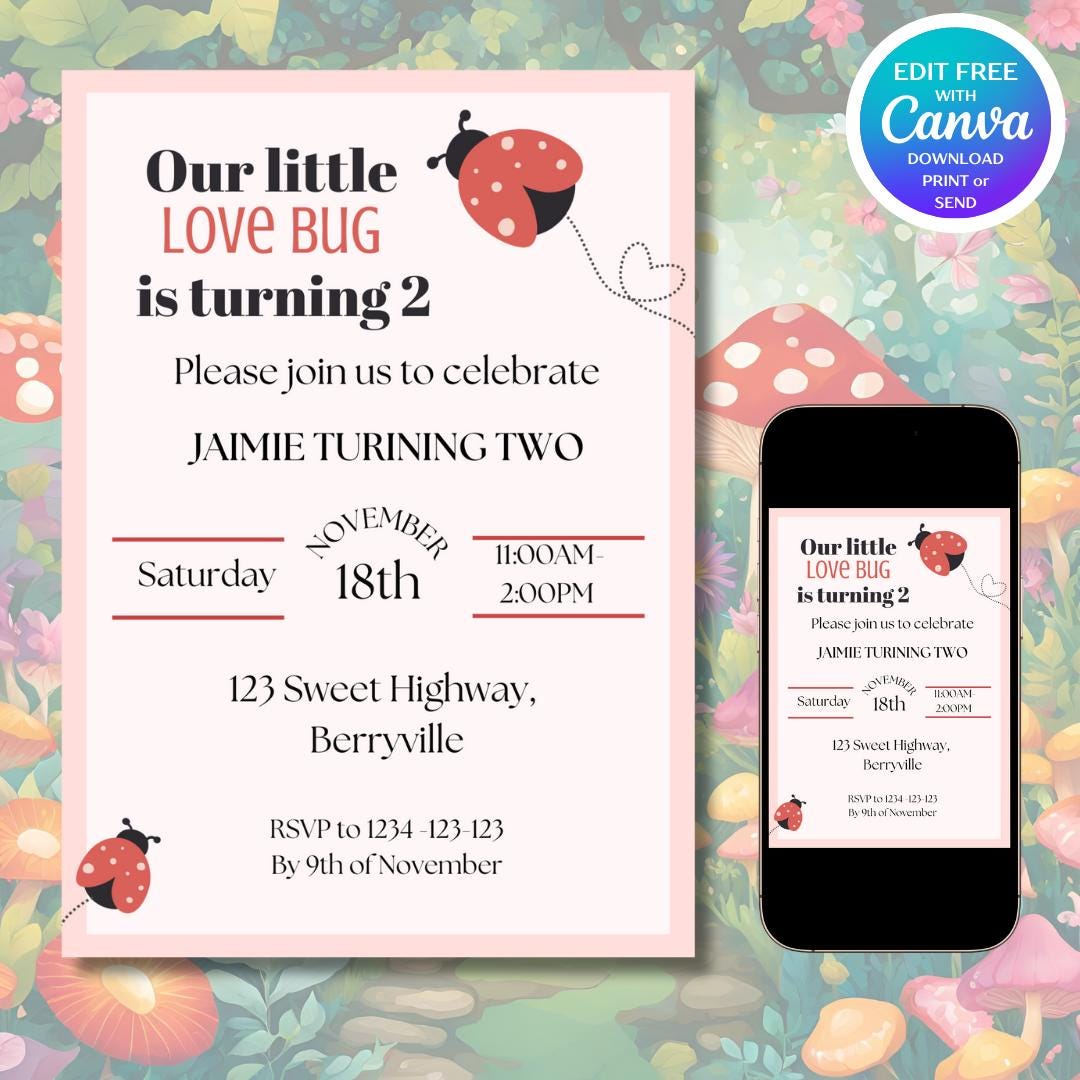 Love Bug Birthday Invitation, Canva EDITABLE Template, Instant Download ...