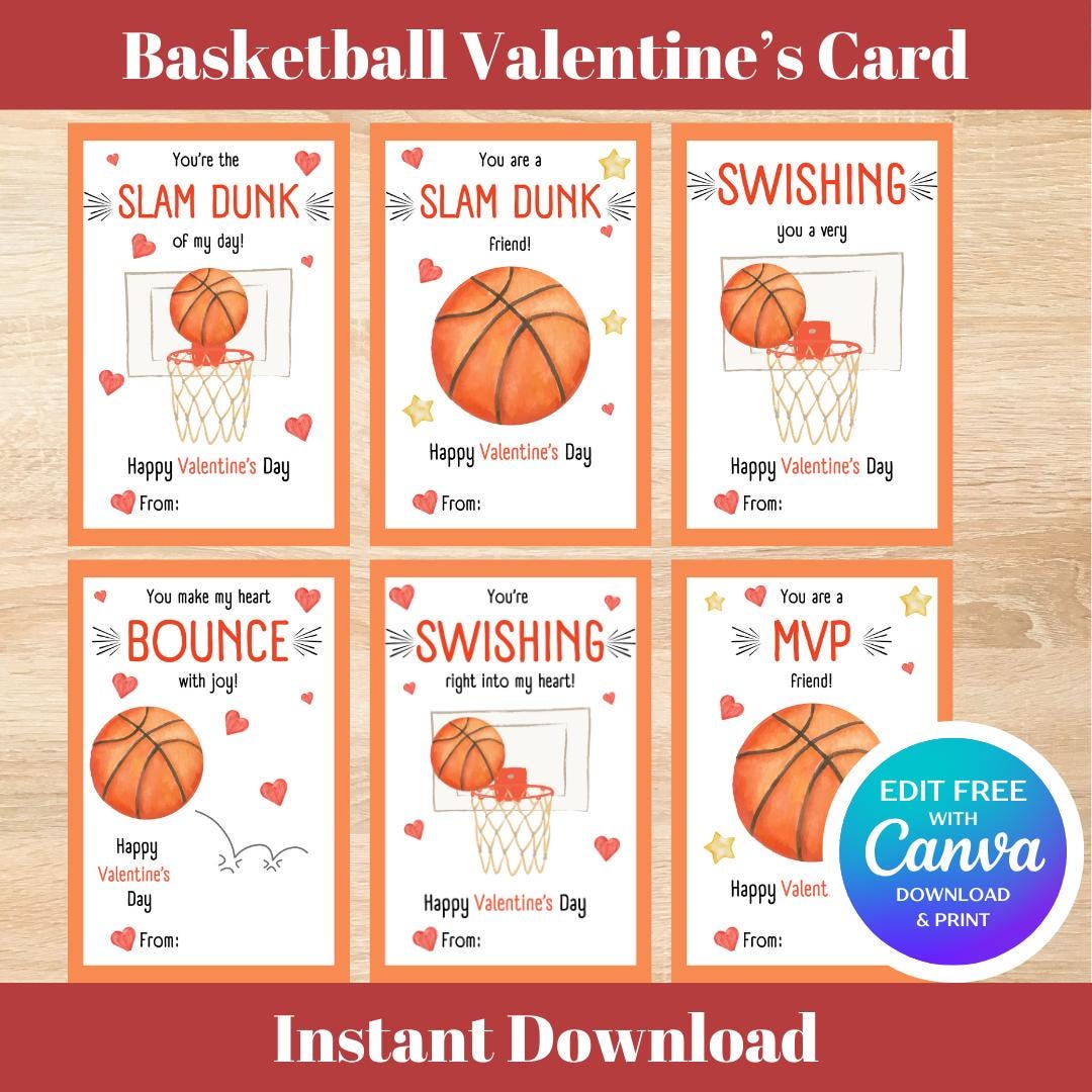 Basketball Valentine's Day Printable Kids Valentine Cards Instant ...