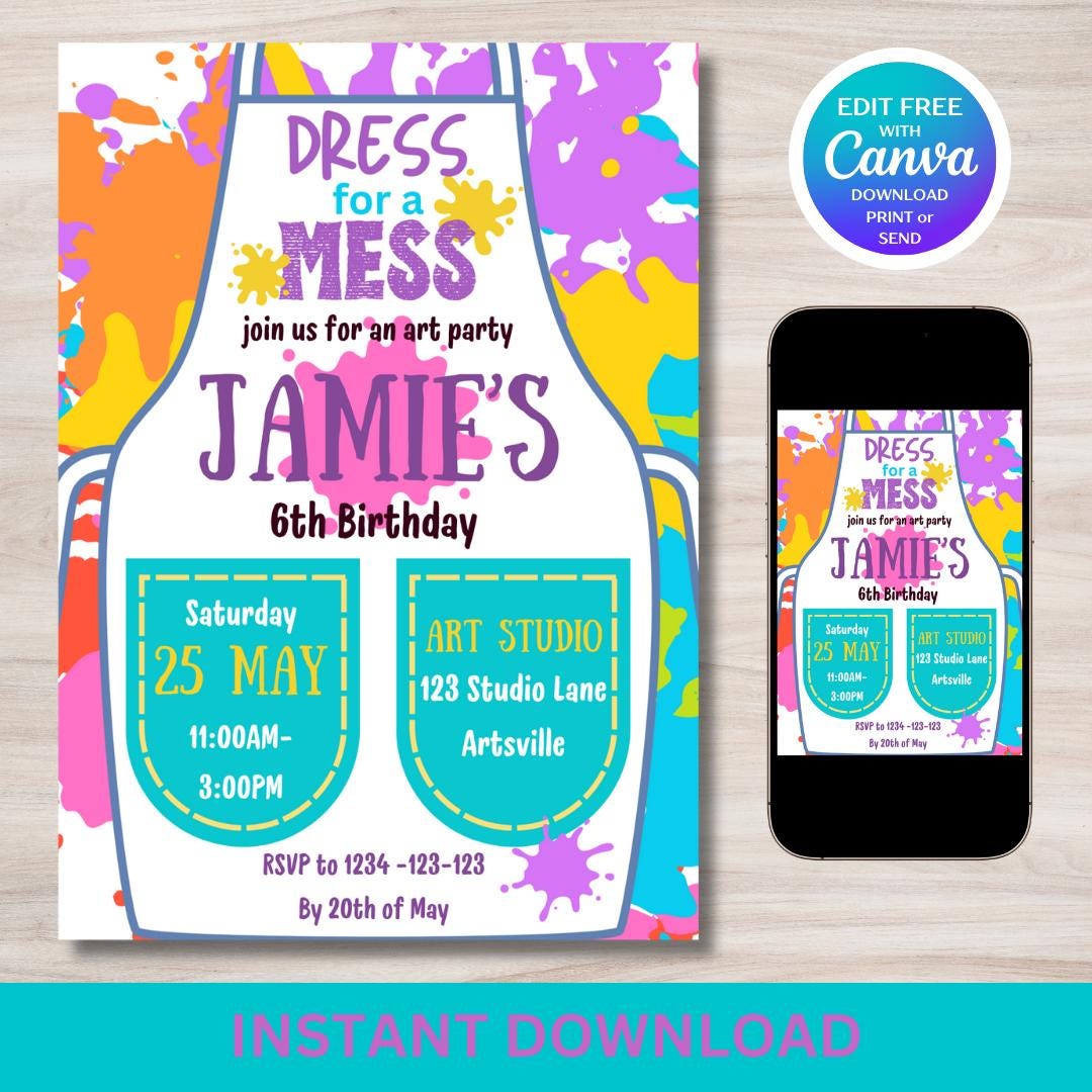 Messy Art Birthday Invitation, Art Party Invitation, Canva EDITABLE ...
