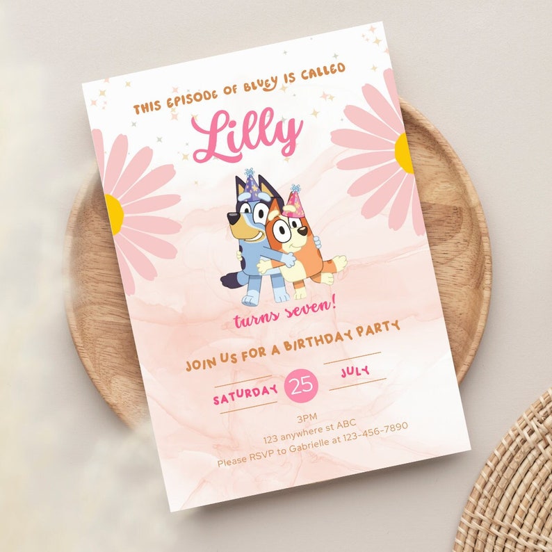 Pink Daisy Bluey Theme Birthday Editable Digital Invitation Template ...