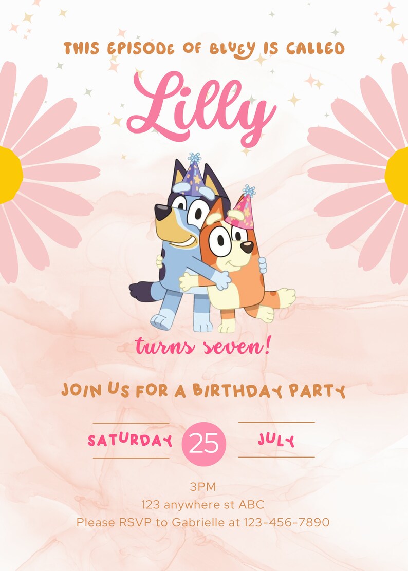 Pink Daisy Bluey Theme Birthday Editable Digital Invitation Template ...