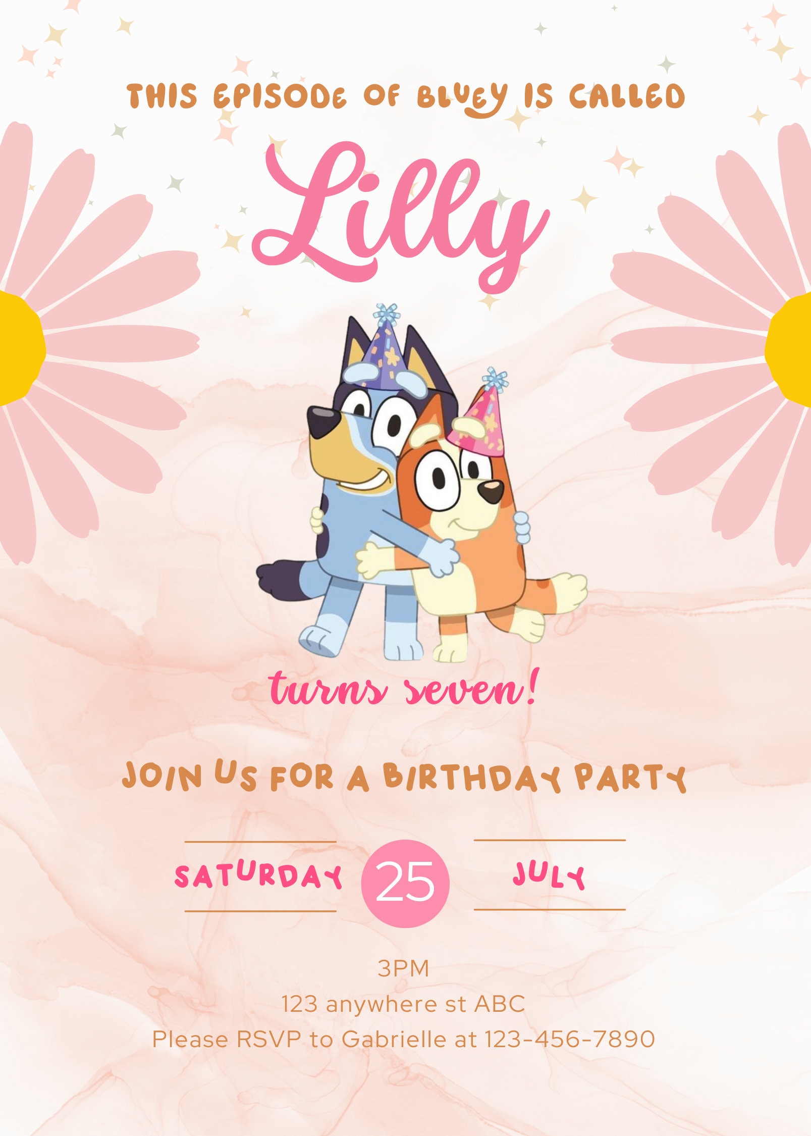 Pink Daisy Bluey Theme Birthday Editable Digital Invitation Template ...