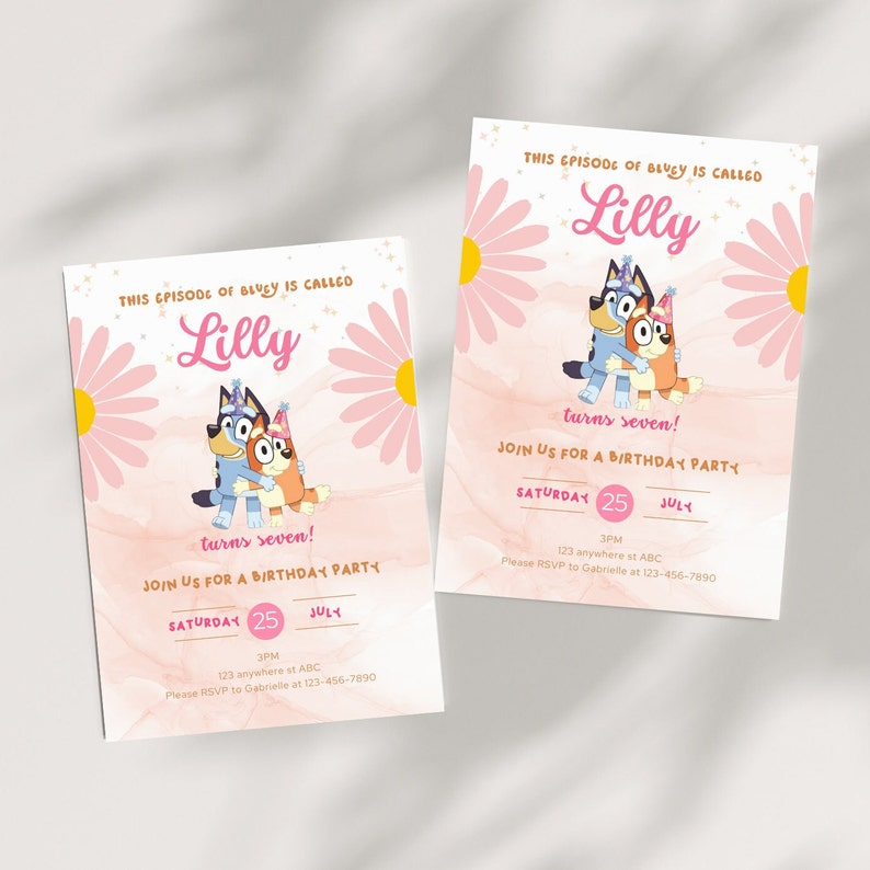 Pink Daisy Bluey Theme Birthday Editable Digital Invitation Template ...