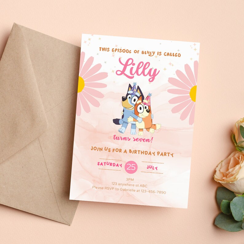 Pink Daisy Bluey Theme Birthday Editable Digital Invitation Template ...