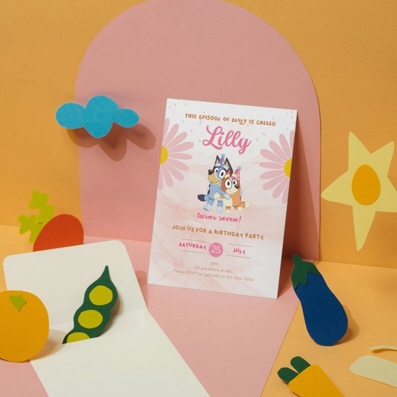 Pink Daisy Bluey Theme Birthday Editable Digital Invitation Template ...