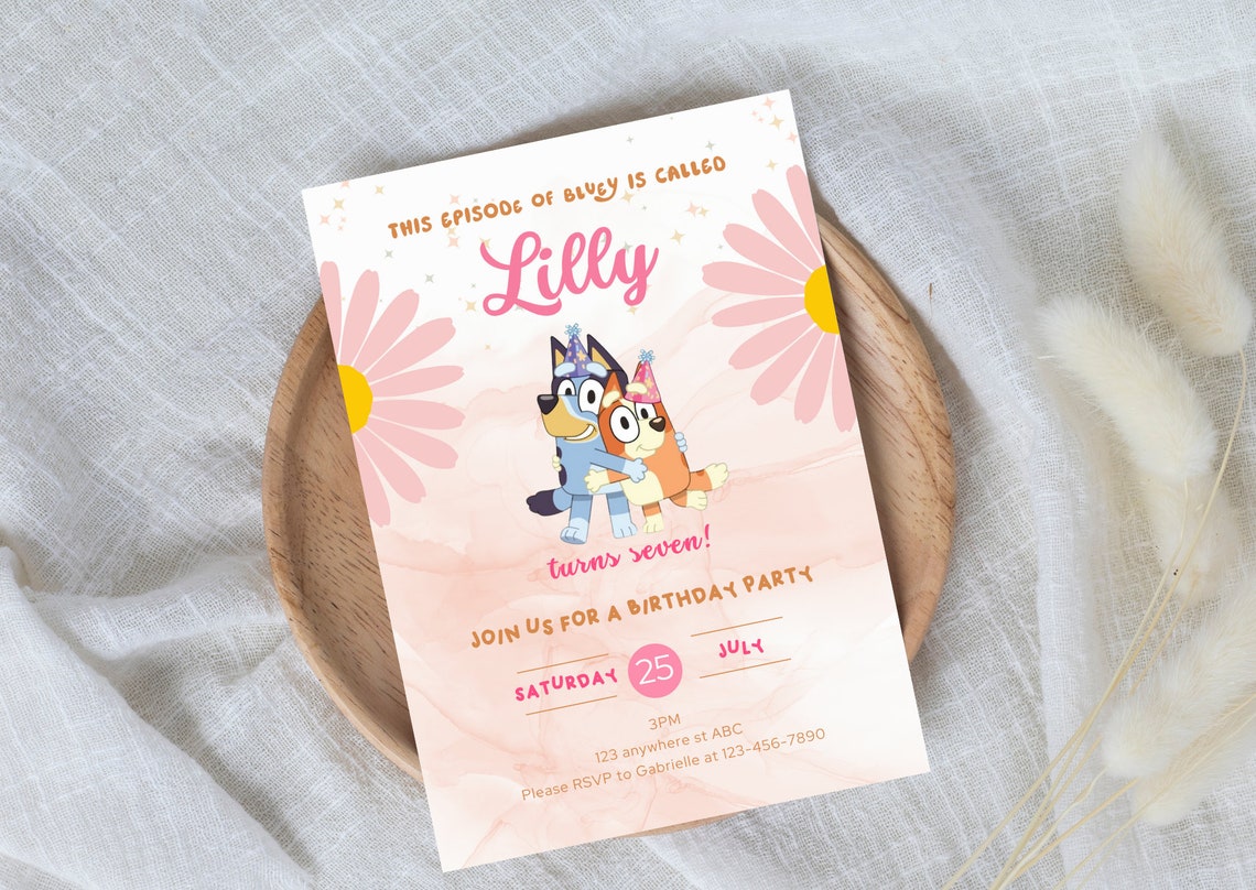 Pink Daisy Bluey Theme Birthday Editable Digital Invitation Template ...