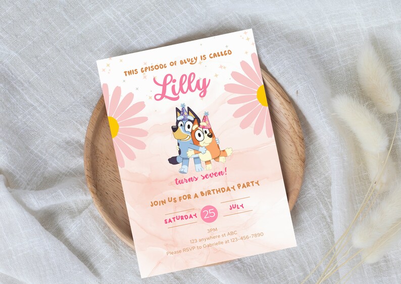 Pink Daisy Bluey Theme Birthday Editable Digital Invitation Template ...