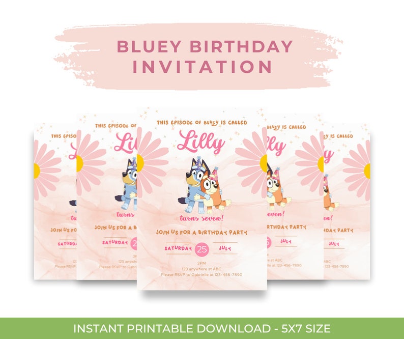 Pink Daisy Bluey Theme Birthday Editable Digital Invitation Template ...