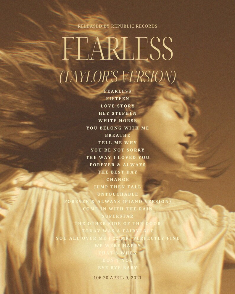 Taylor Swift Fearless Poster Printable Digital Poster 3 Different Sizes Available 2x3, 3x4, 4x5 ...