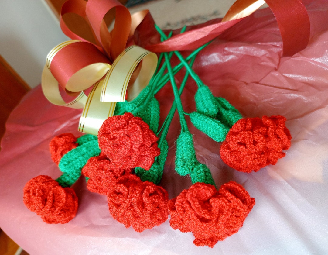 Red Carnation, Crochet Flower, Handmade Flower, Knit Home Decor, New ...