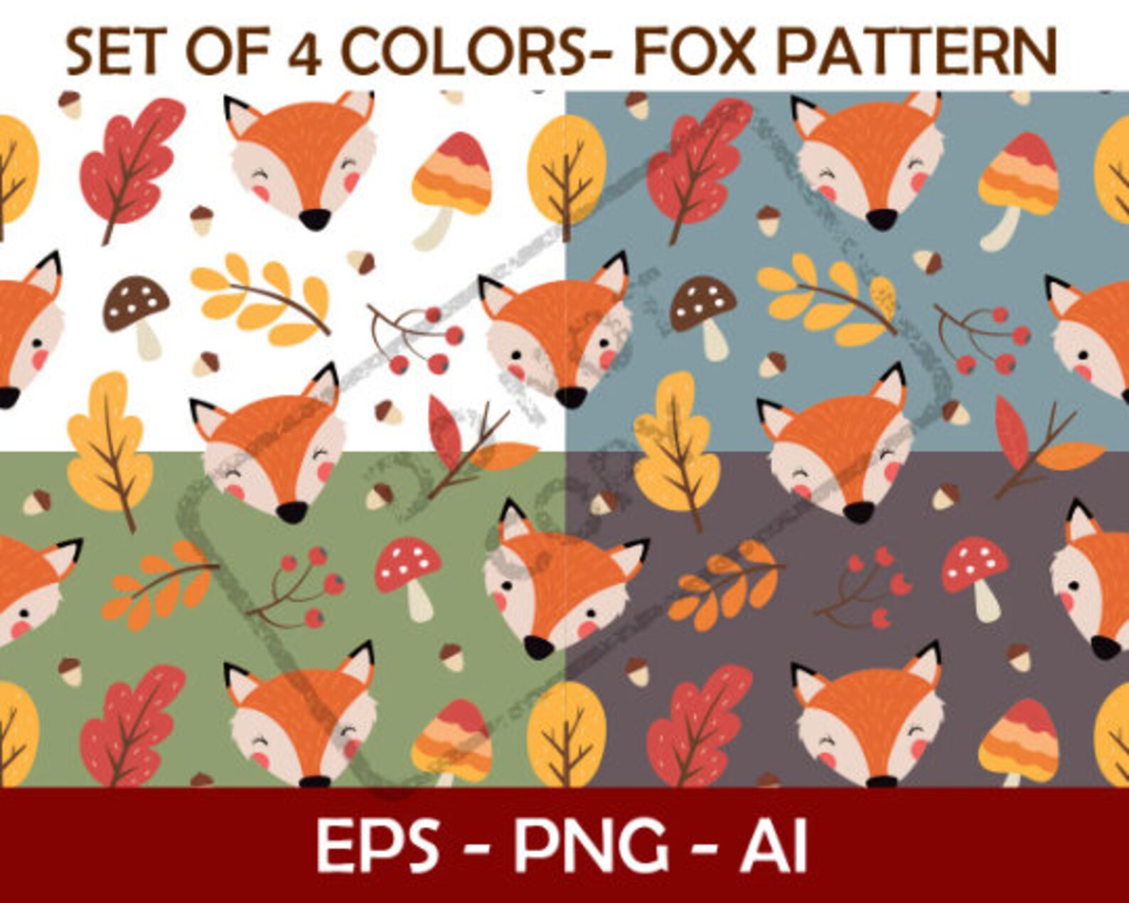 Set of 4 Colors Cute Fox Digital Paper, Vector Seamless Pattern, Repeat ...