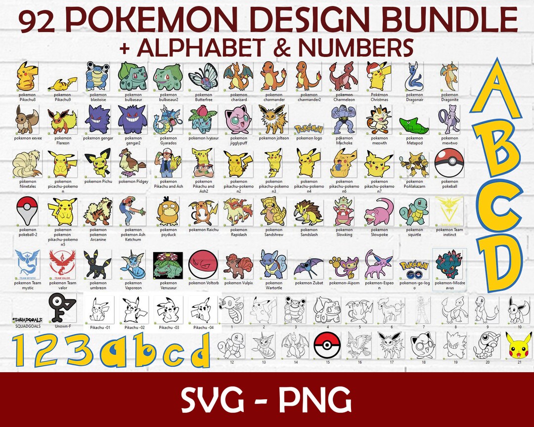 92 Poke Mon Design Bundle Alphabet and Numbers SVG / PNG Instant ...