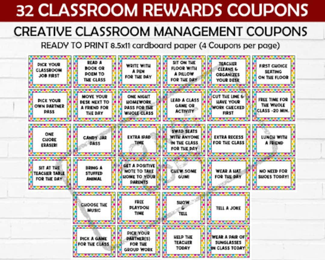 Set of 32 Classroom Reward Coupons ( 4 per Page), Whole Class Reward ...