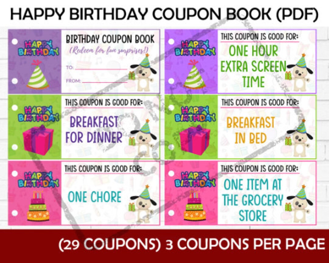 Printable Birthday Coupon Book, Gift Voucher Book, 3 Coupons per Page ...
