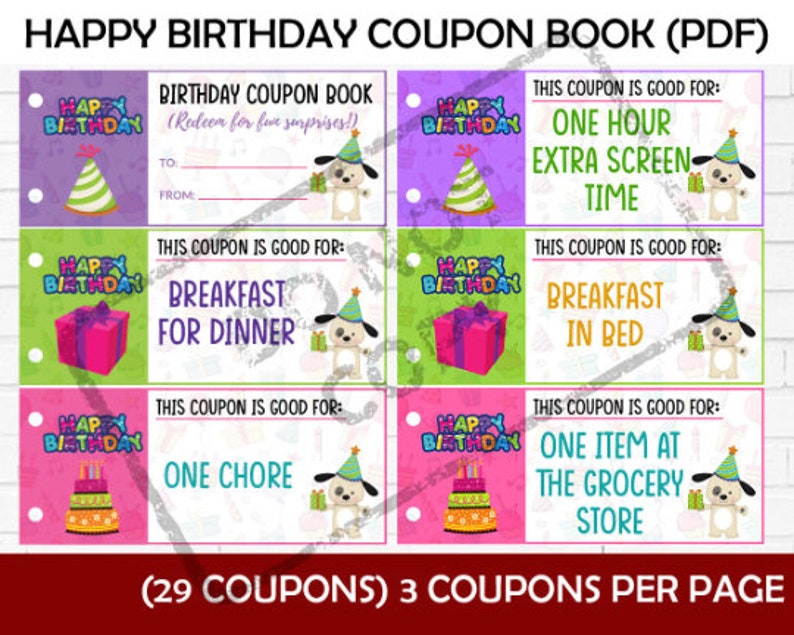 Printable Birthday Coupon Book, Gift Voucher Book, 3 Coupons per Page ...