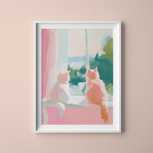 Two Cats & A Window Wall Art Whimsical Cat Scene, Family Pet Art ...