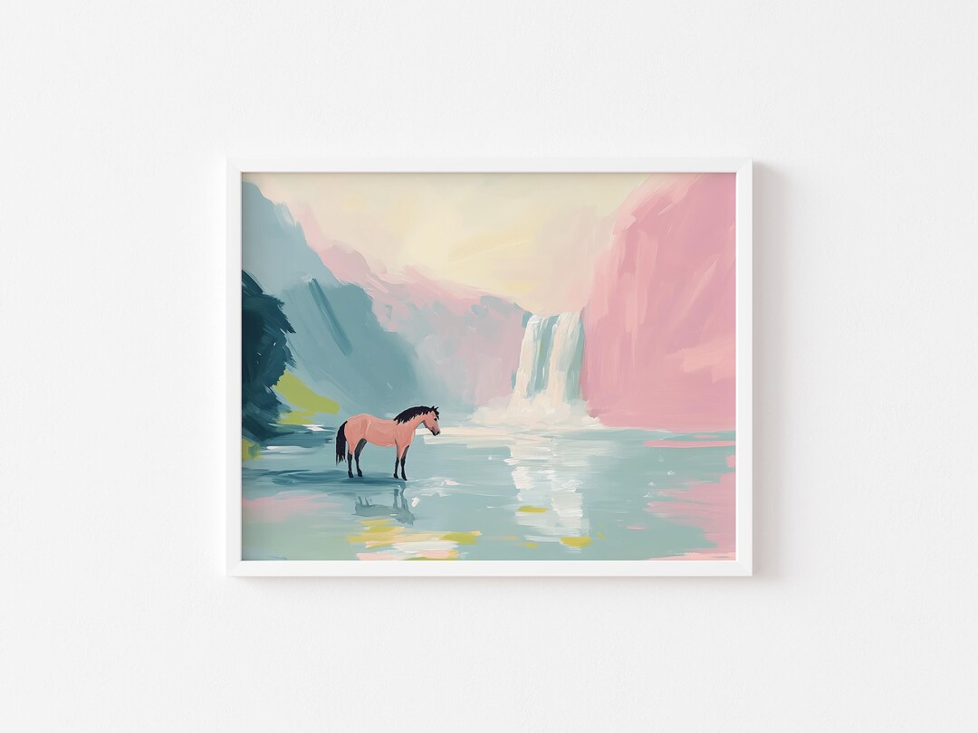 Brown Horse at a Waterfall Art | Soft Pastel Painting, River Horse ...