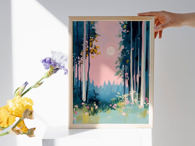 Pastel Night Forest Art | Moon Forest Art, Deep Blue Forest Art, Full ...