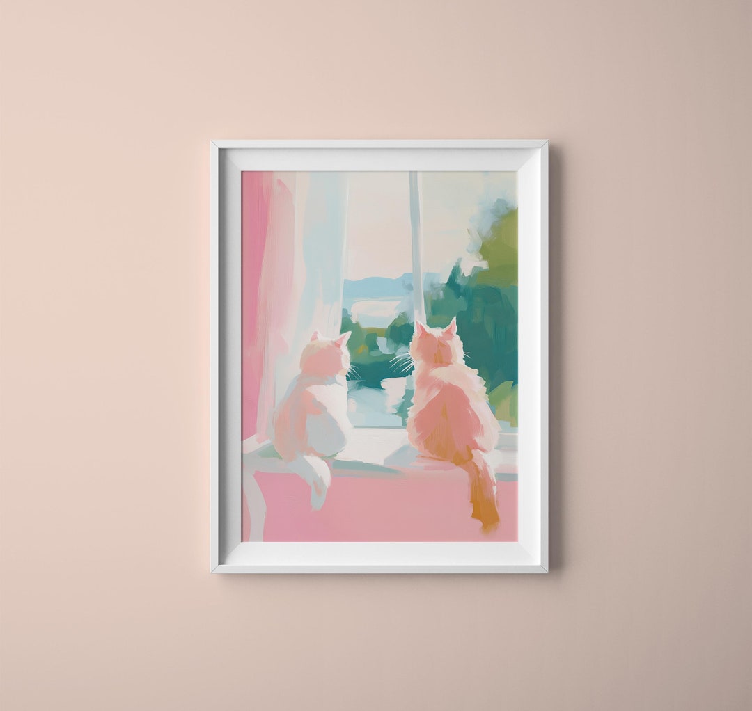 Two Cats & A Window Wall Art Whimsical Cat Scene, Family Pet Art ...