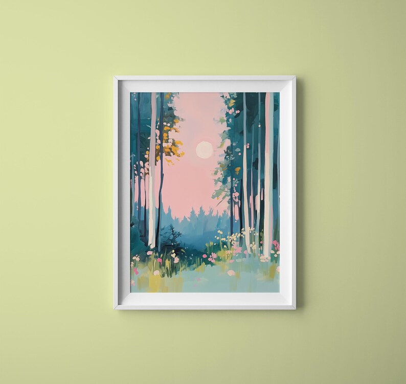 Pastel Night Forest Art | Moon Forest Art, Deep Blue Forest Art, Full ...