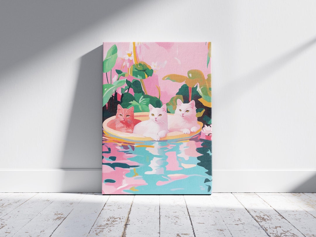 Pastel Cat Pool Party Artwork Cat in a Dinghy, Swimming Cat Art ...