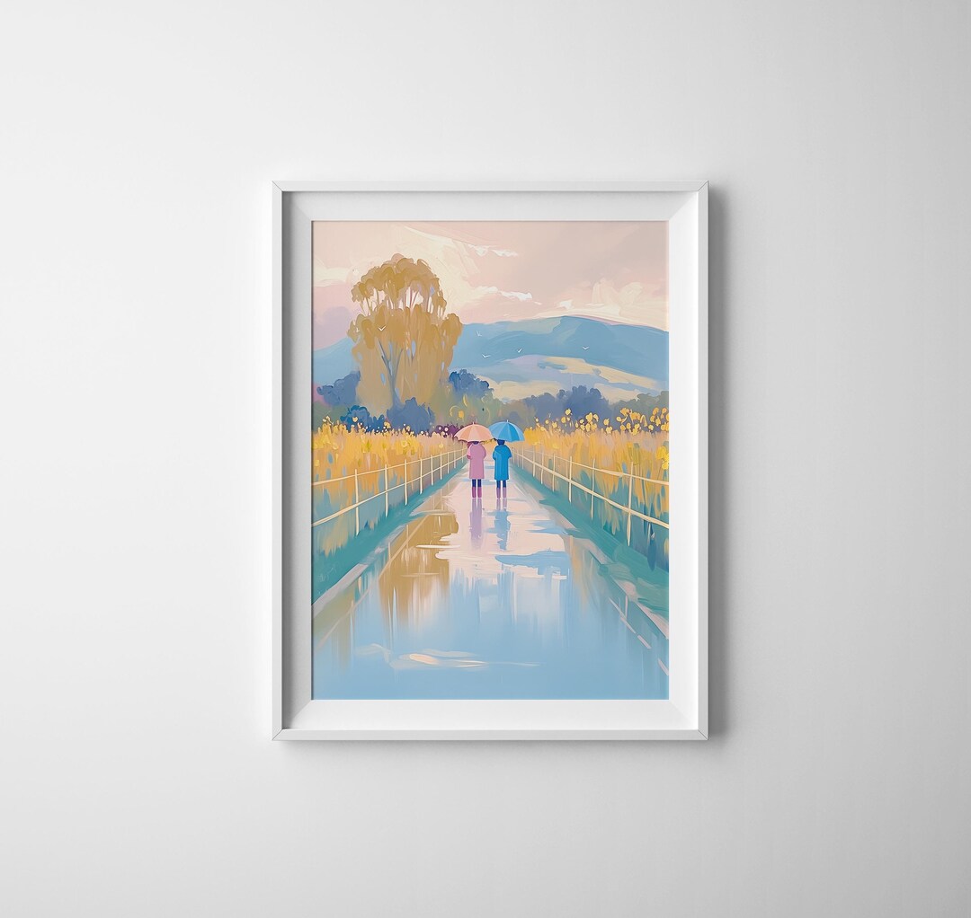 Children in Rain Art Kids Umbrella Print Children Pastel Raincoat Art ...
