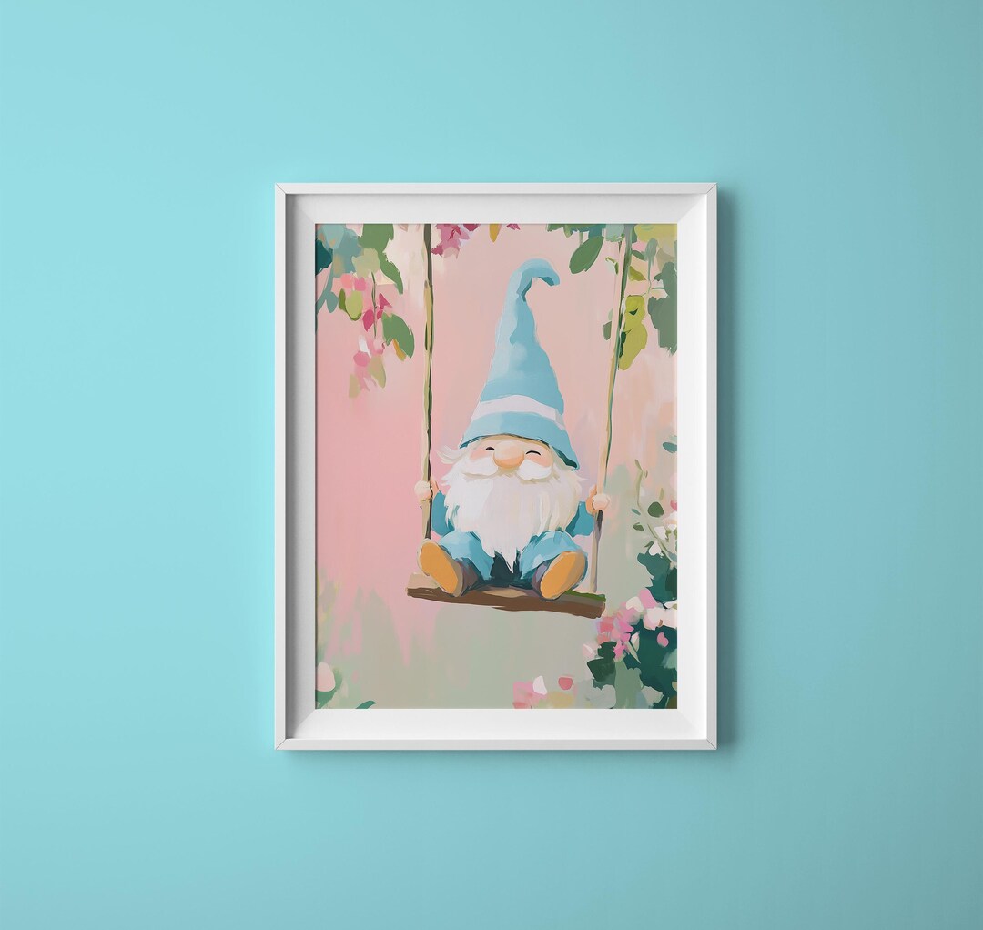 Cute Garden Gnome on Swing Painting | Gnome With Flowers, Whimsical ...
