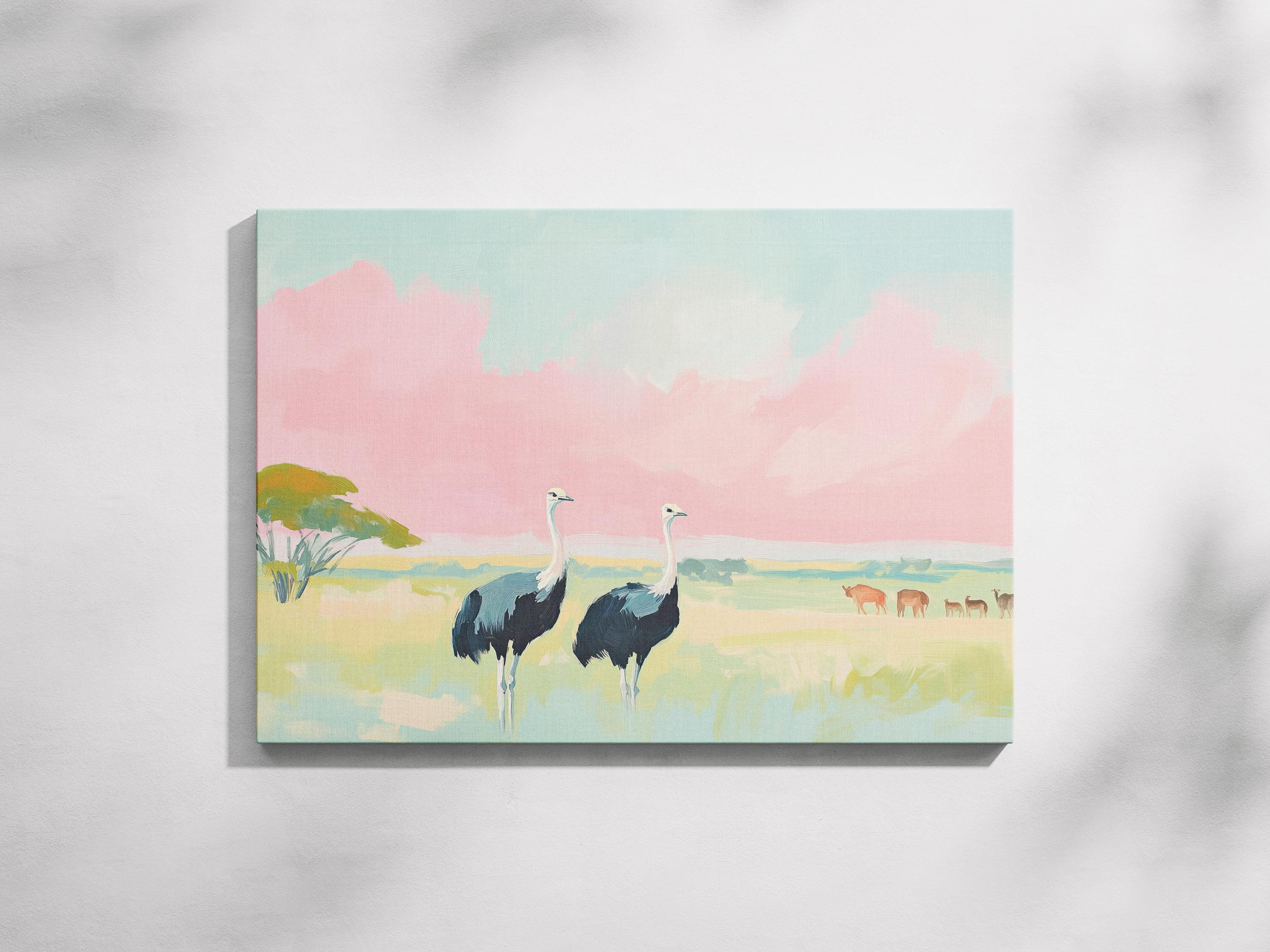 Savannah Ostrich Soft Pastel Painting | Ostrich Nursery Art, Pink ...