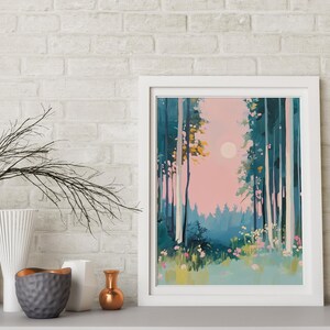 Pastel Night Forest Art | Moon Forest Art, Deep Blue Forest Art, Full ...