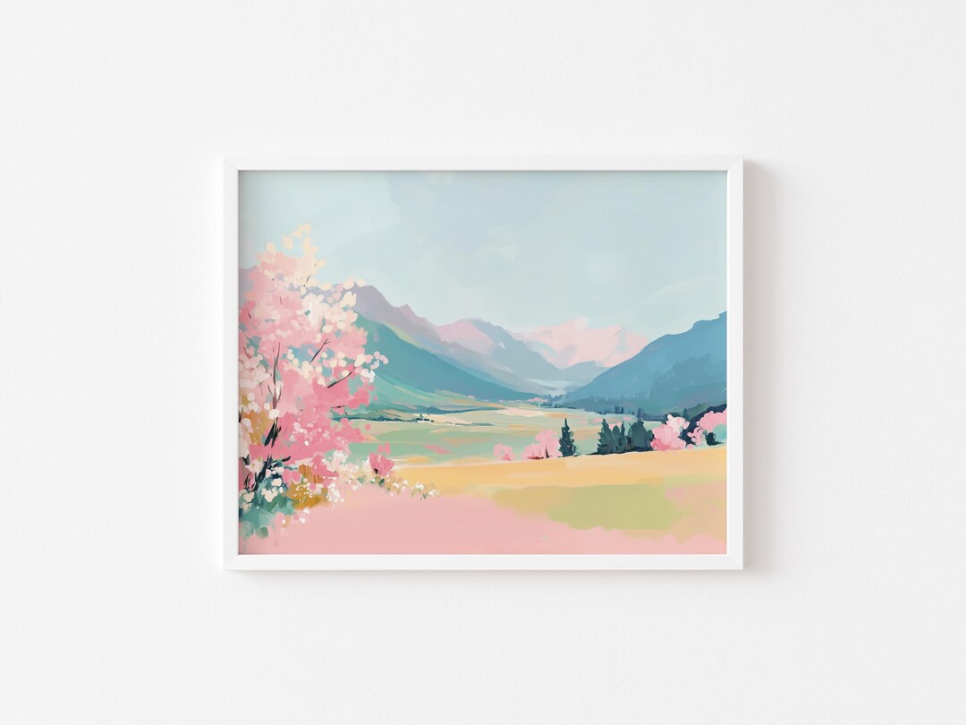 Pink Flowers Alps Landscape Art | Alps Background Art, Pastel Mountain ...