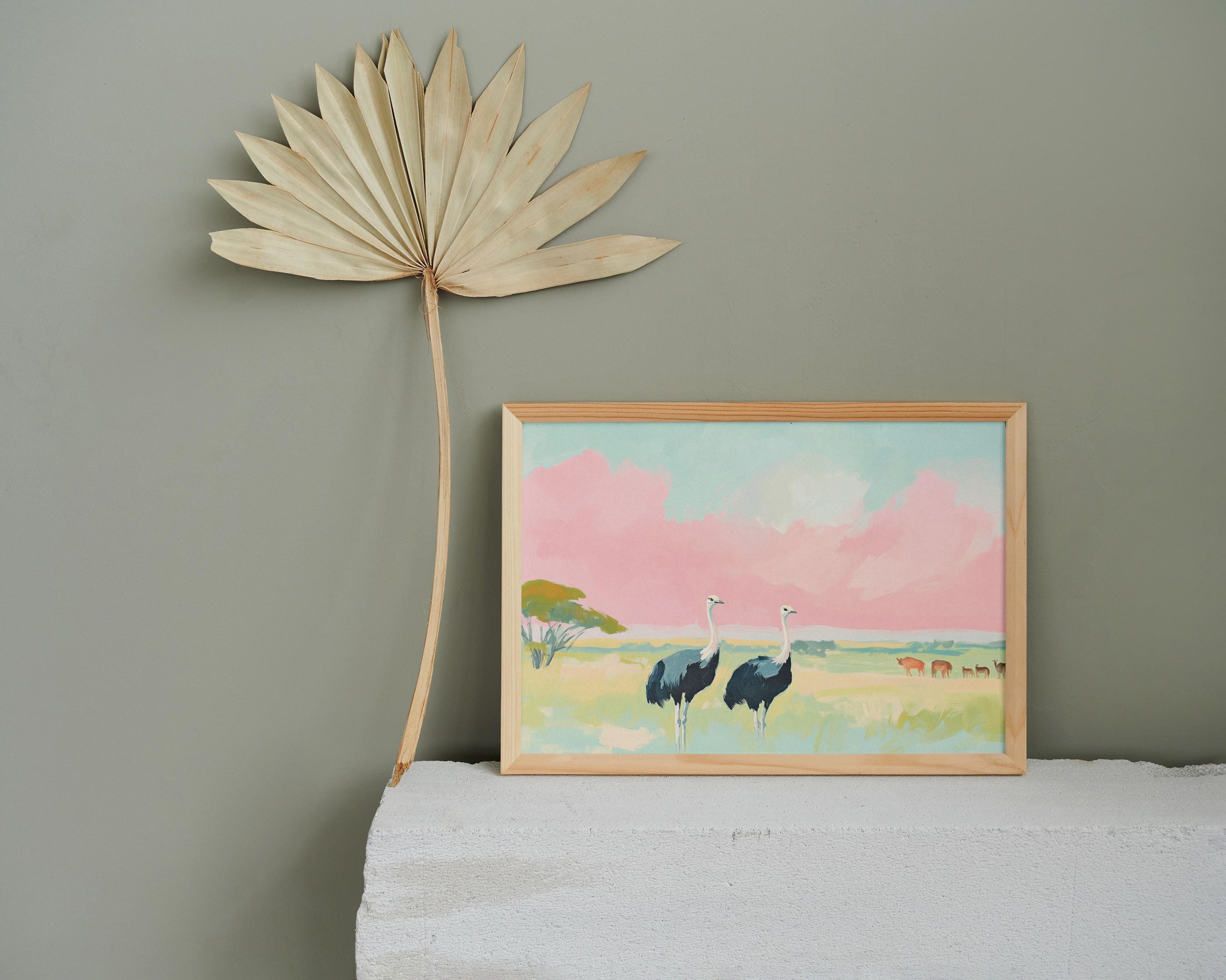 Savannah Ostrich Soft Pastel Painting | Ostrich Nursery Art, Pink ...