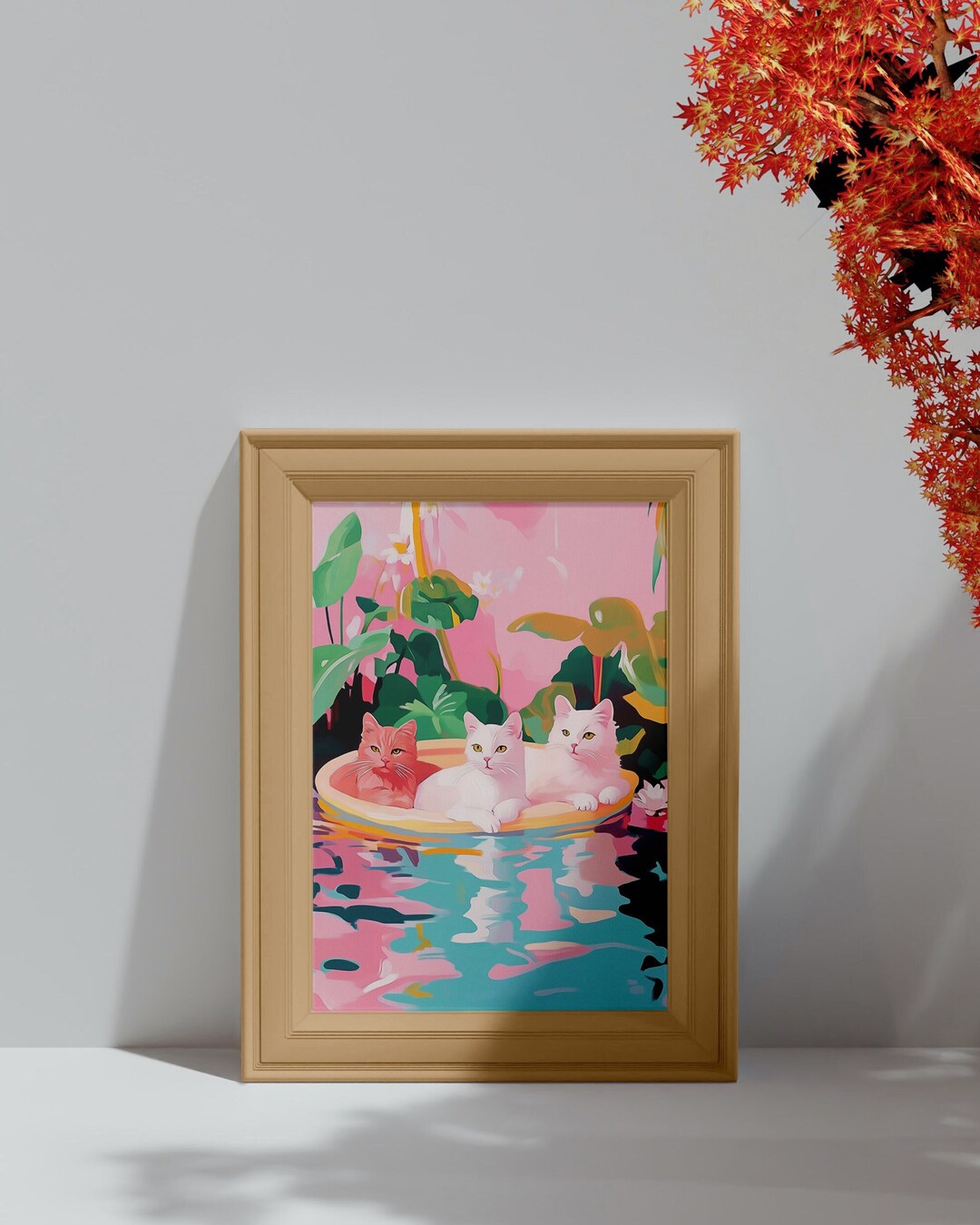 Pastels Cat Pool Party, Cat in A Dinghy, Swimming Cat Art, Swimming ...