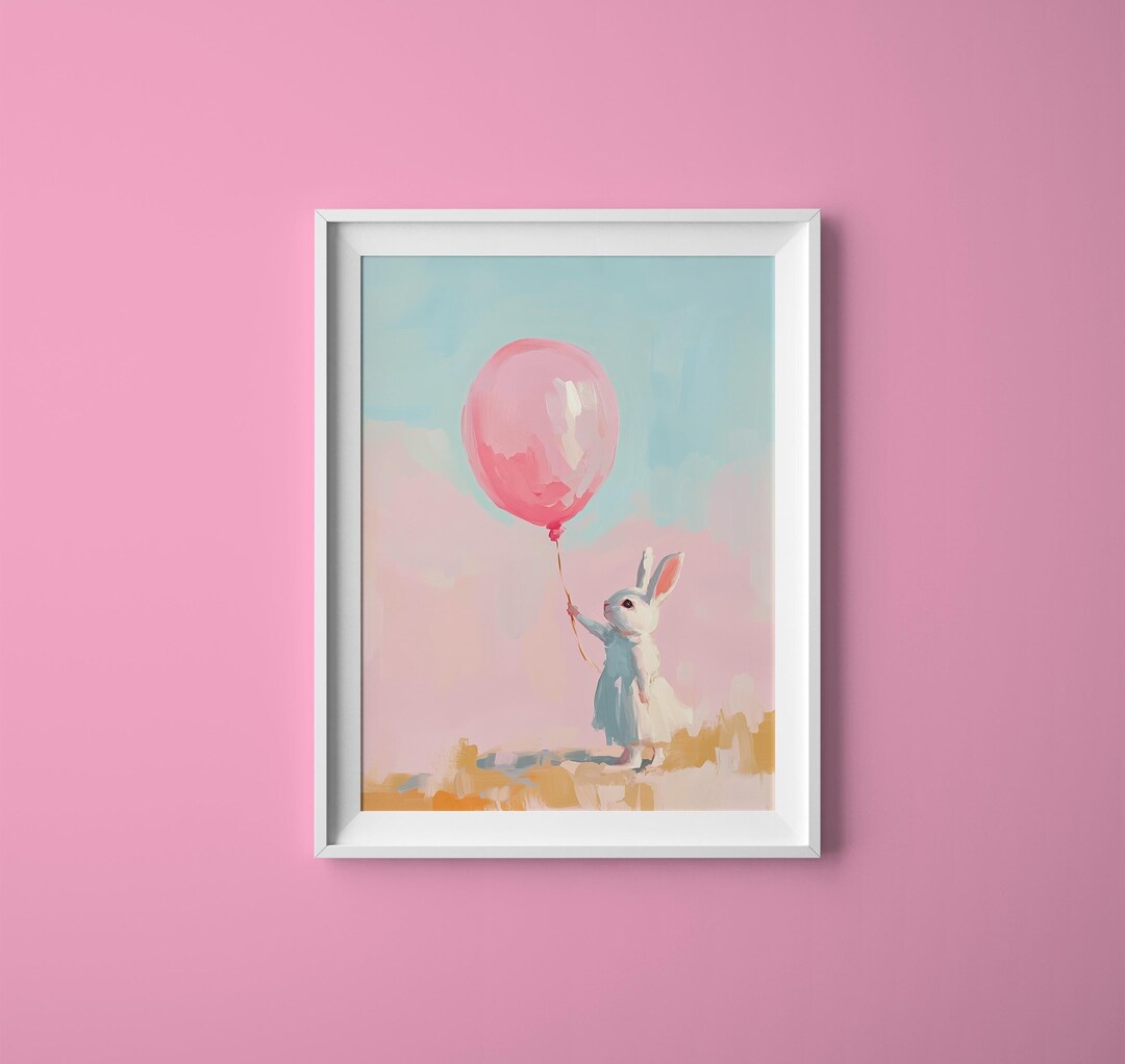 Bunny With a Balloon Pastel Poster | Funny Bunny Art, Vintage Rabbit ...