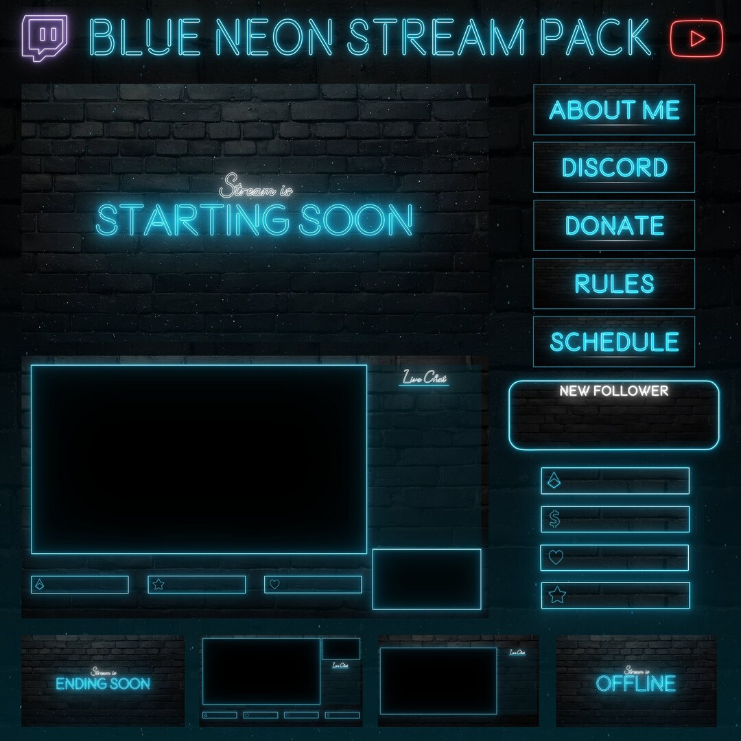 Blue NEON Stream Pack | Instant Download | Twitch/youtube Overlays ...